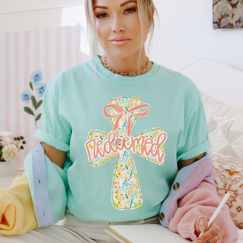 Redeemed Spring Floral Bow Cross DTF Heat Transfer