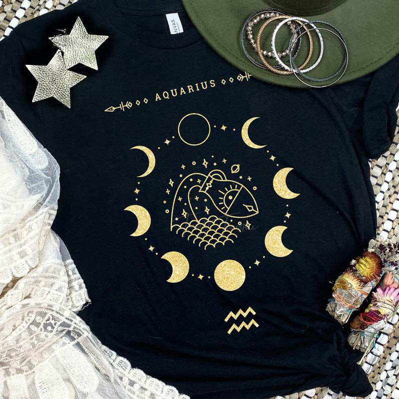 Aquarius Zodiac Gold Metallic Screen Print Heat Transfer - Trendy Transfers