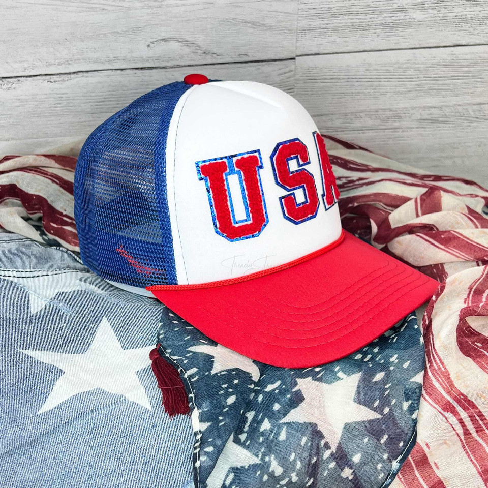 Blue Glitter with Red Chenille Embroidered Patch USA - Trendy Transfers