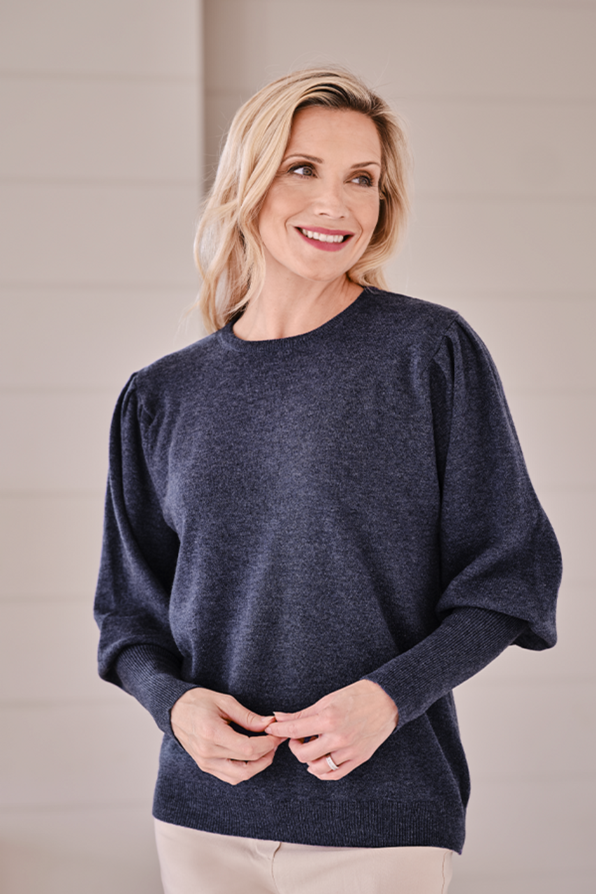 Matilda Puff Sleeve Cashmere Crew Neck Sweater