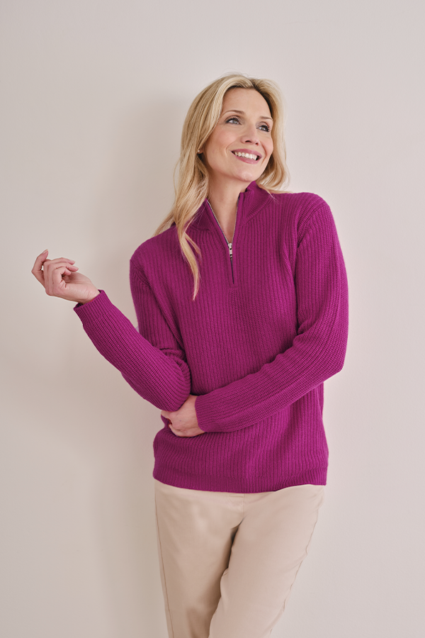 Winnie Cashmere 4 Ply Rib Zip Neck
