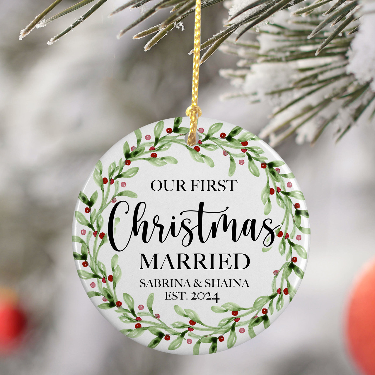 Watercolor Holly First Christmas Engaged Ornament