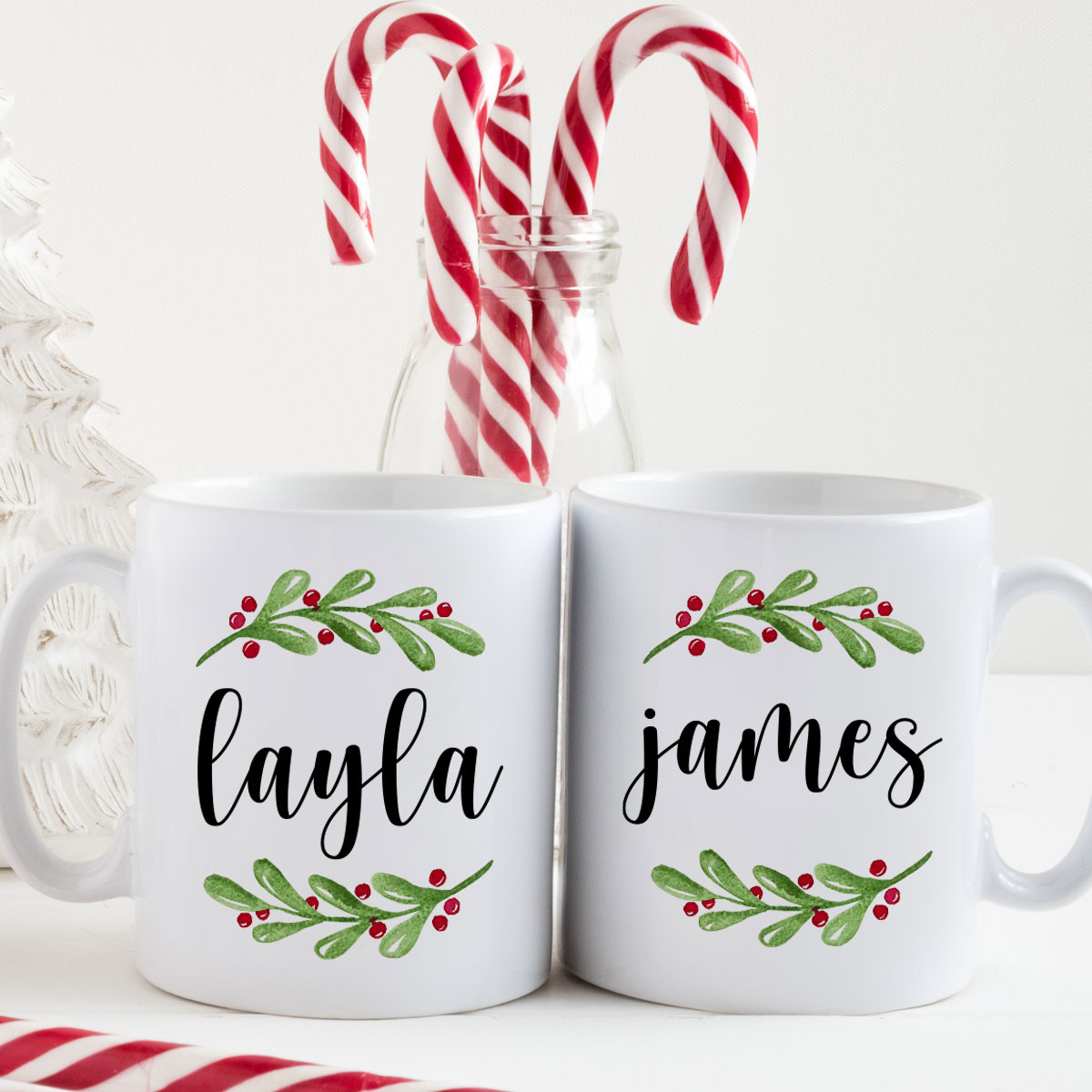 Watercolor Holly Personalized Christmas Mugs