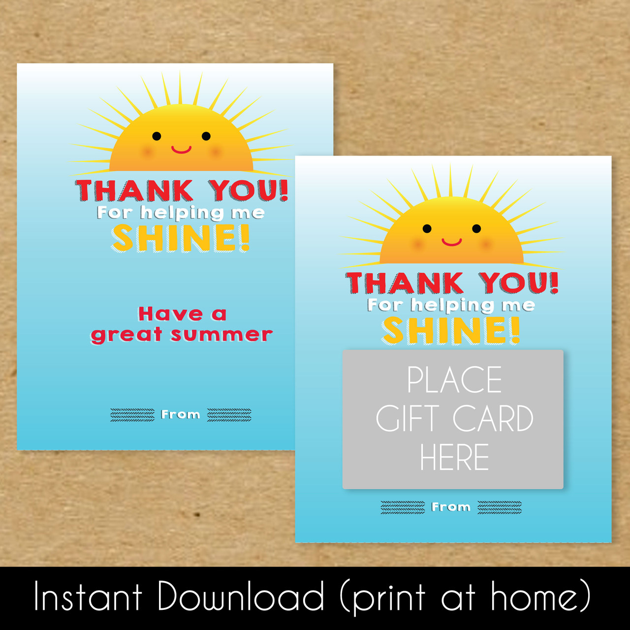 Summer Teacher Thank You Printable Gift Card Holder (Instant Download)