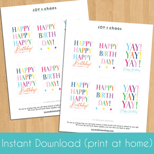 Happy Happy Birthday Printable Gift Tags (Instant Download)