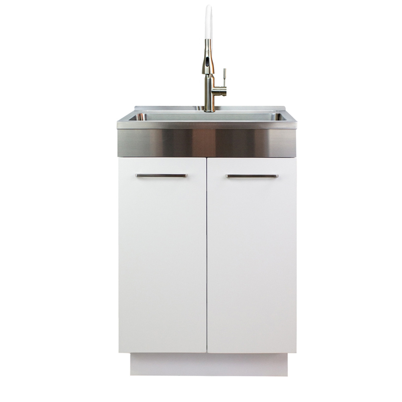 24 in White Laundry Cabinet with 9 in Handmade Stainless Steel Sink Stainless Steel High Arc