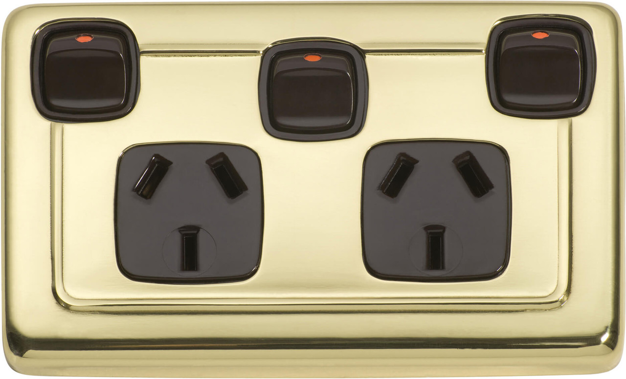 Tradco Brown Rocker Double Power Point with Switch | Polished Brass