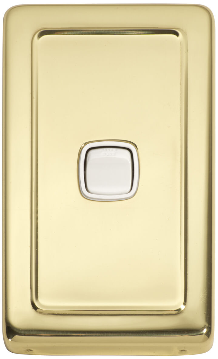 Tradco 1 Gang White Rocker Light Switch | 115 x 72mm | Polished Brass