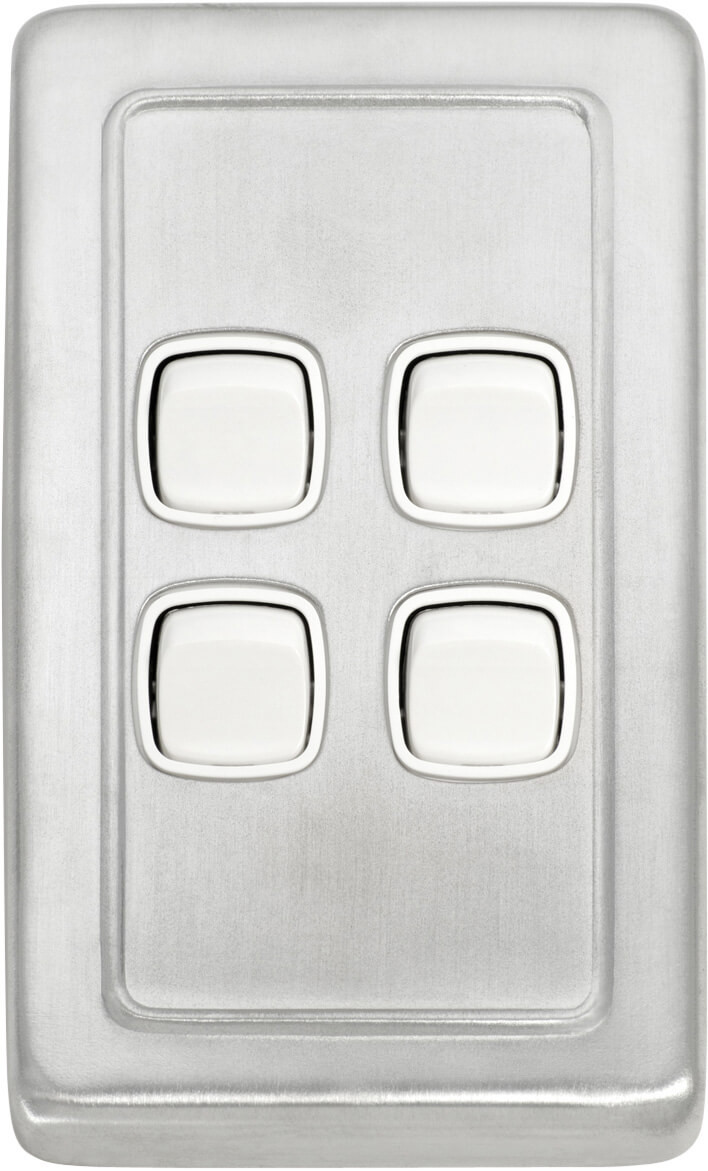 Tradco 4 Gang Rocker Light Switch | 115 x 72mm | Satin Chrome