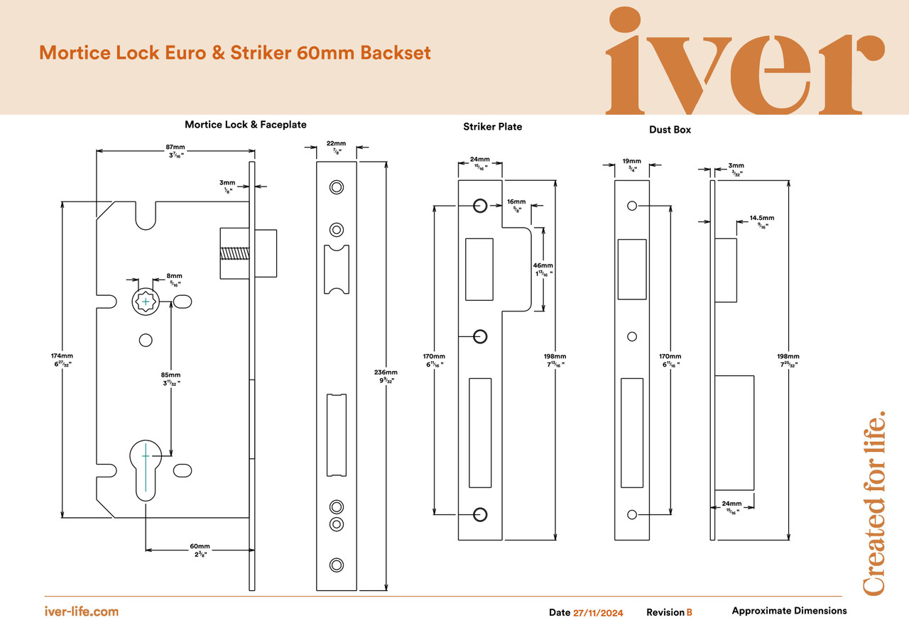 Iver Euro 85 Mortice Lock | 60mm Backset | Brushed Gold