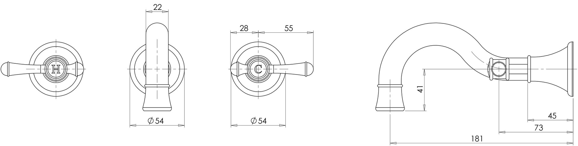 Phoenix Nostalgia Wall Mounted Bath Tap | Lever Handles | Chrome