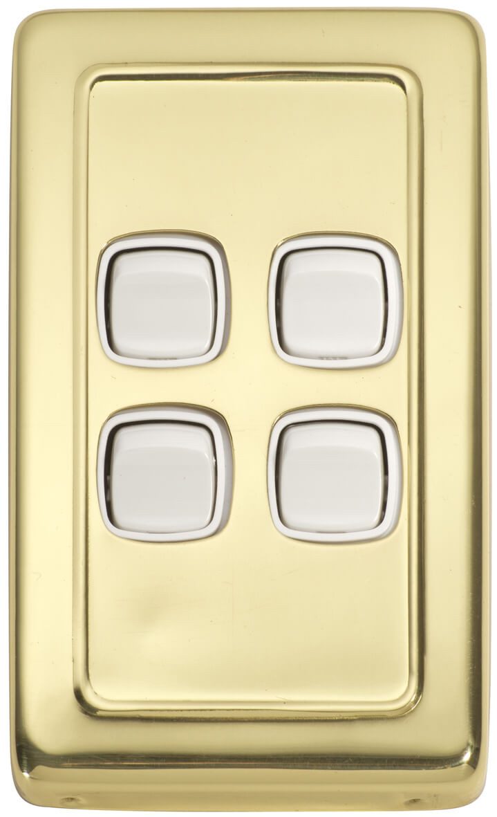 Tradco 4 Gang White Rocker Light Switch | 115 x 72mm | Polished Brass