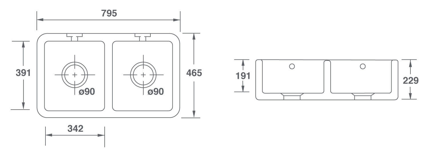 Shaws Classic Double Bowl 800 Butler Sink with Overflow | 795 x 229 x ...