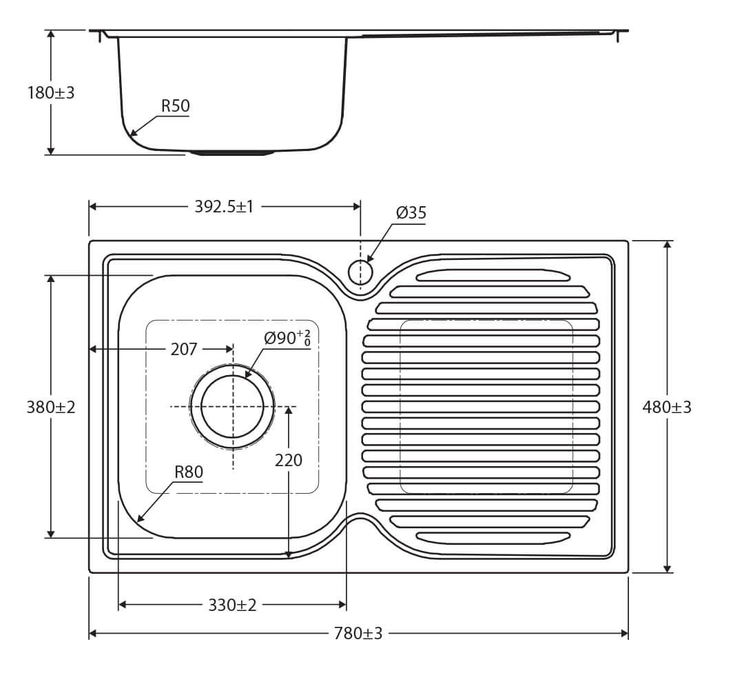 Fienza Tiva Single Bowl Kitchen Sink with Drainer | 780 x 180 x 480mm ...