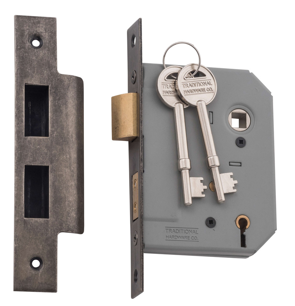 Tradco Skeleton Key Mortice Lock | 5 Lever | 57mm Backset | Rumbled Nickel