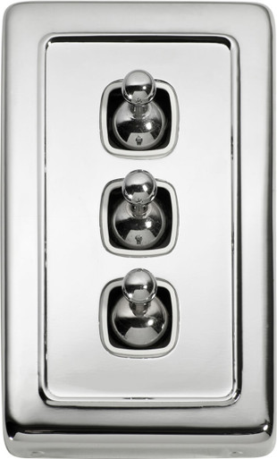 Tradco 3 Gang Toggle Light Switch | 115 x 72mm | Chrome