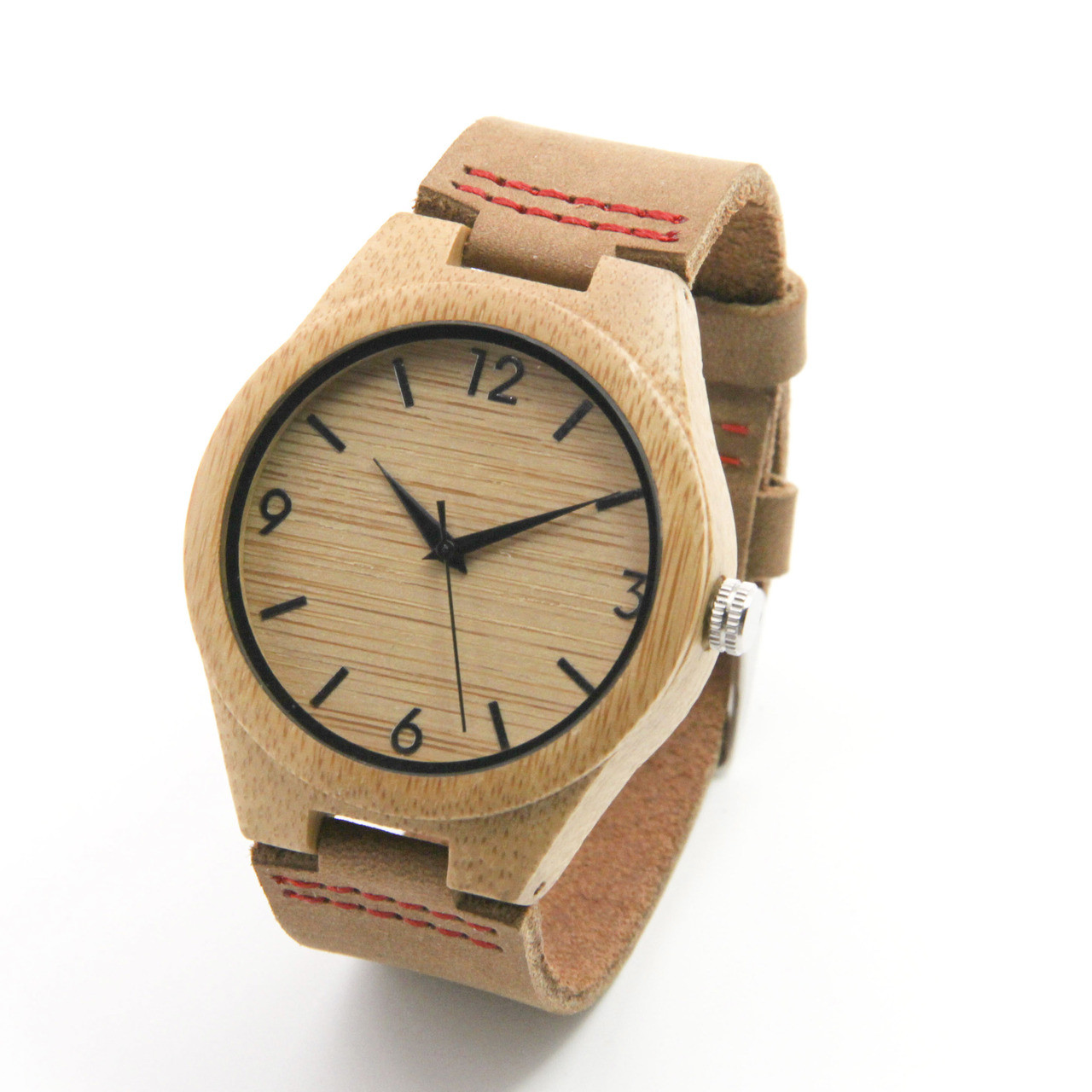 Bamboo Wood Watch with Genuine Brown Leather and Red Stitch ...