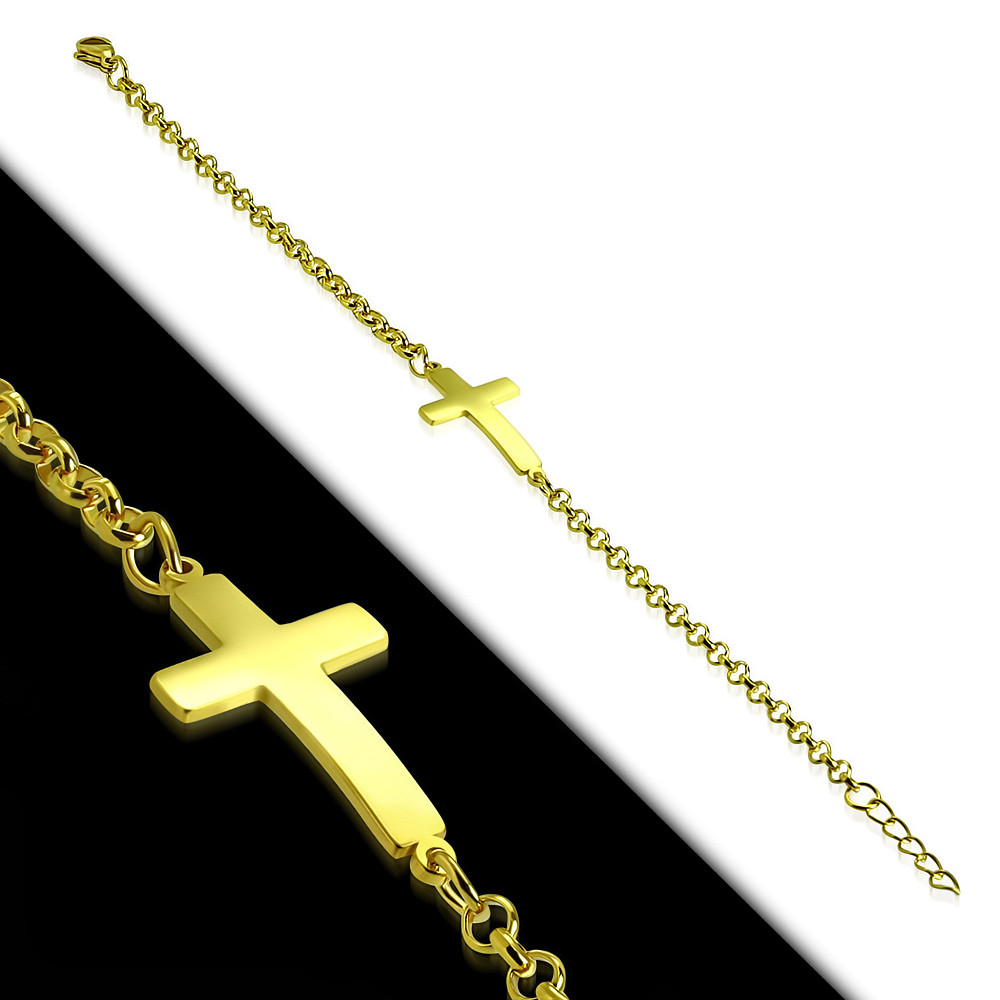 Stainless Steel Gold Color Plated Latin Cross Rolo Link Chain Bracelet ...