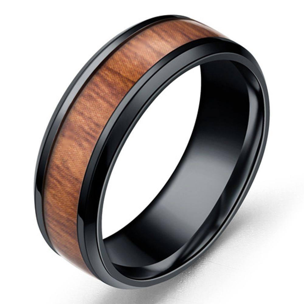 Personalized 8mm Black Stainless Steel Ring With Wood Inlay ...