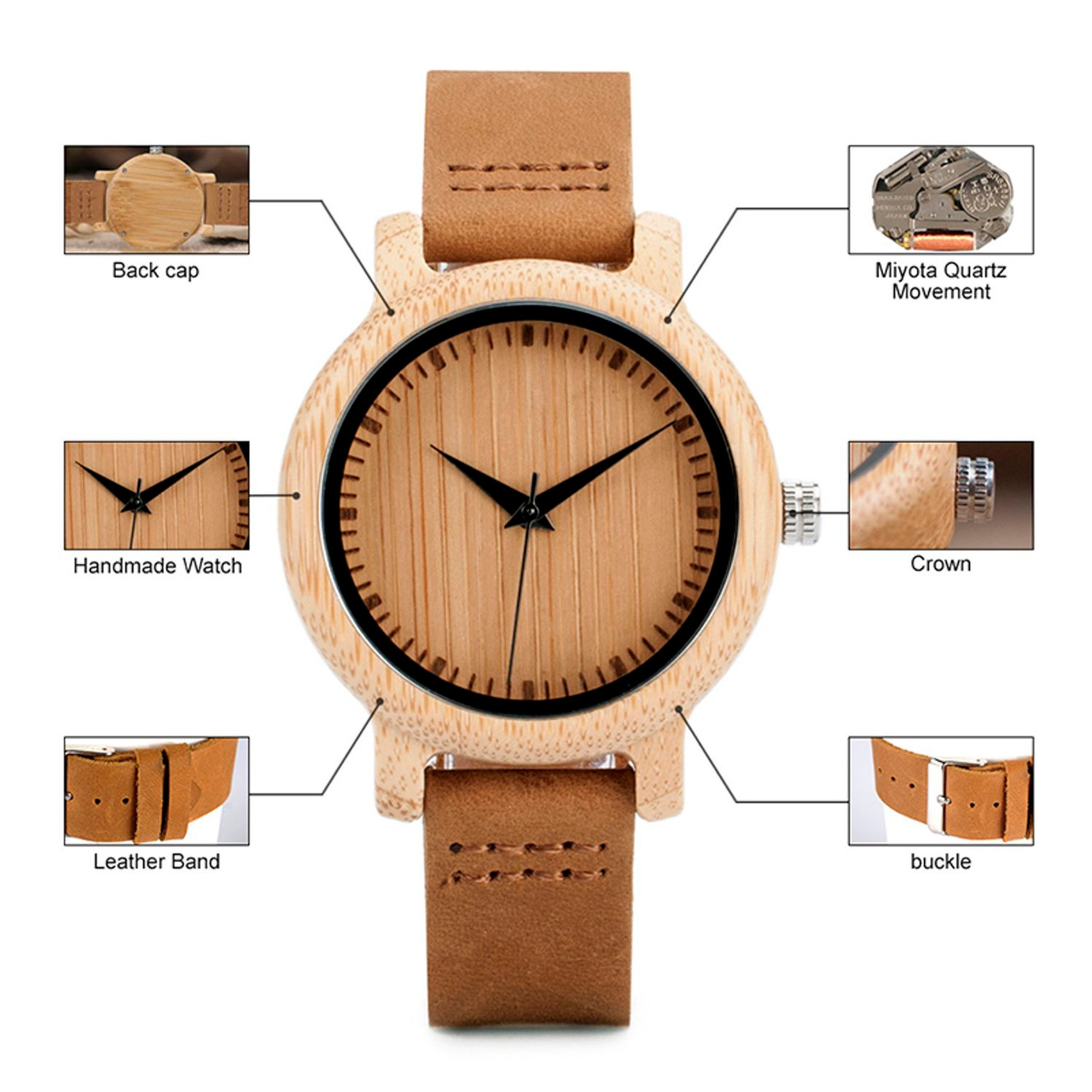 Quality Bamboo Wooden Watch with Genuine Leather