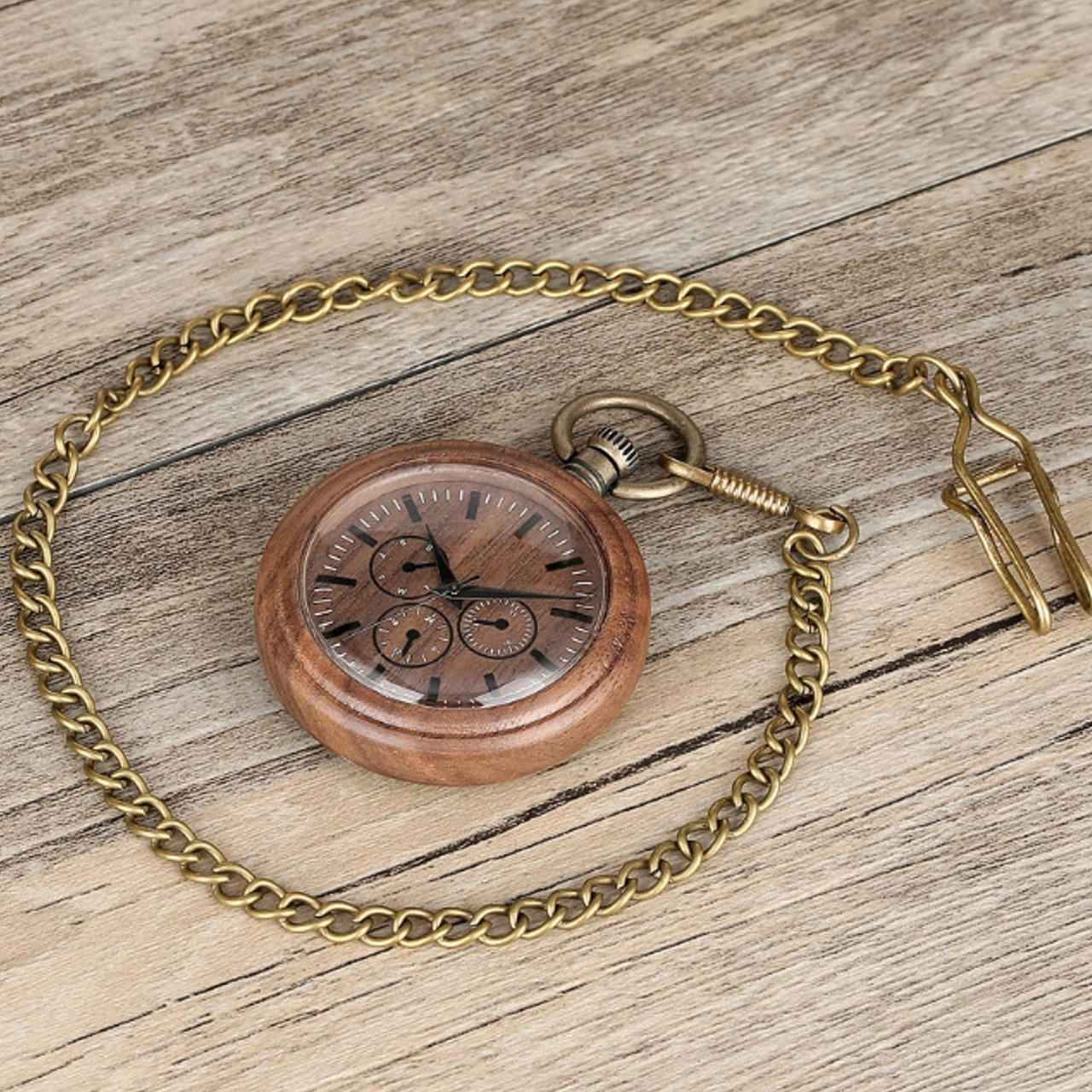 Quartz Movement Walnut Wood Pocket Watch with Chain
