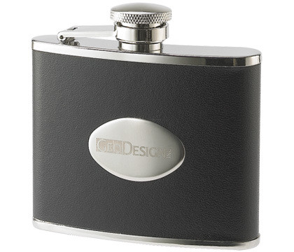 Black Leather Wrapped Oval Convex Stainless Steel Flask