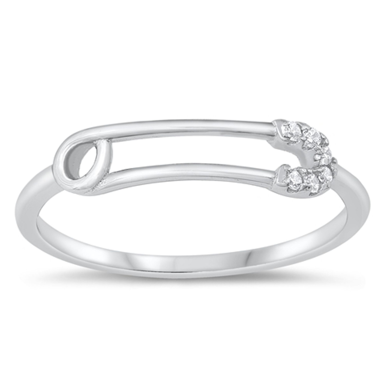 925 Sterling Silver Safety Pin Ring with Cubic Zirconia