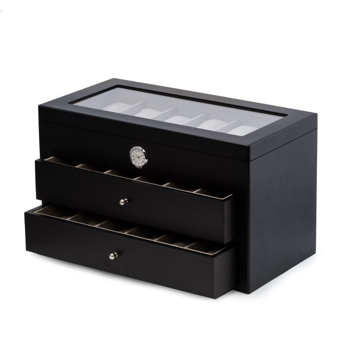Black Wood 36 Watch Box with Glass Top with Quartz Movement Clock ...