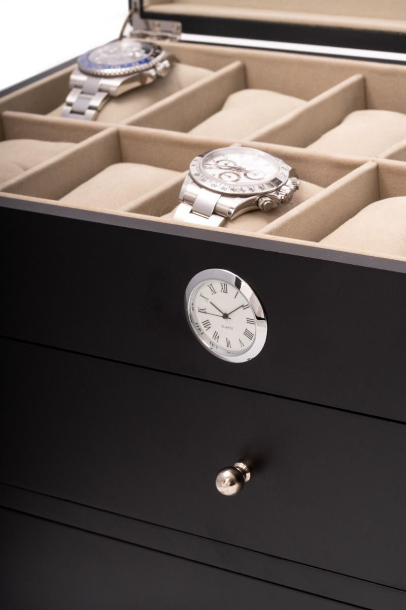 Black Wood 36 Watch Box with Glass Top with Quartz Movement Clock ...