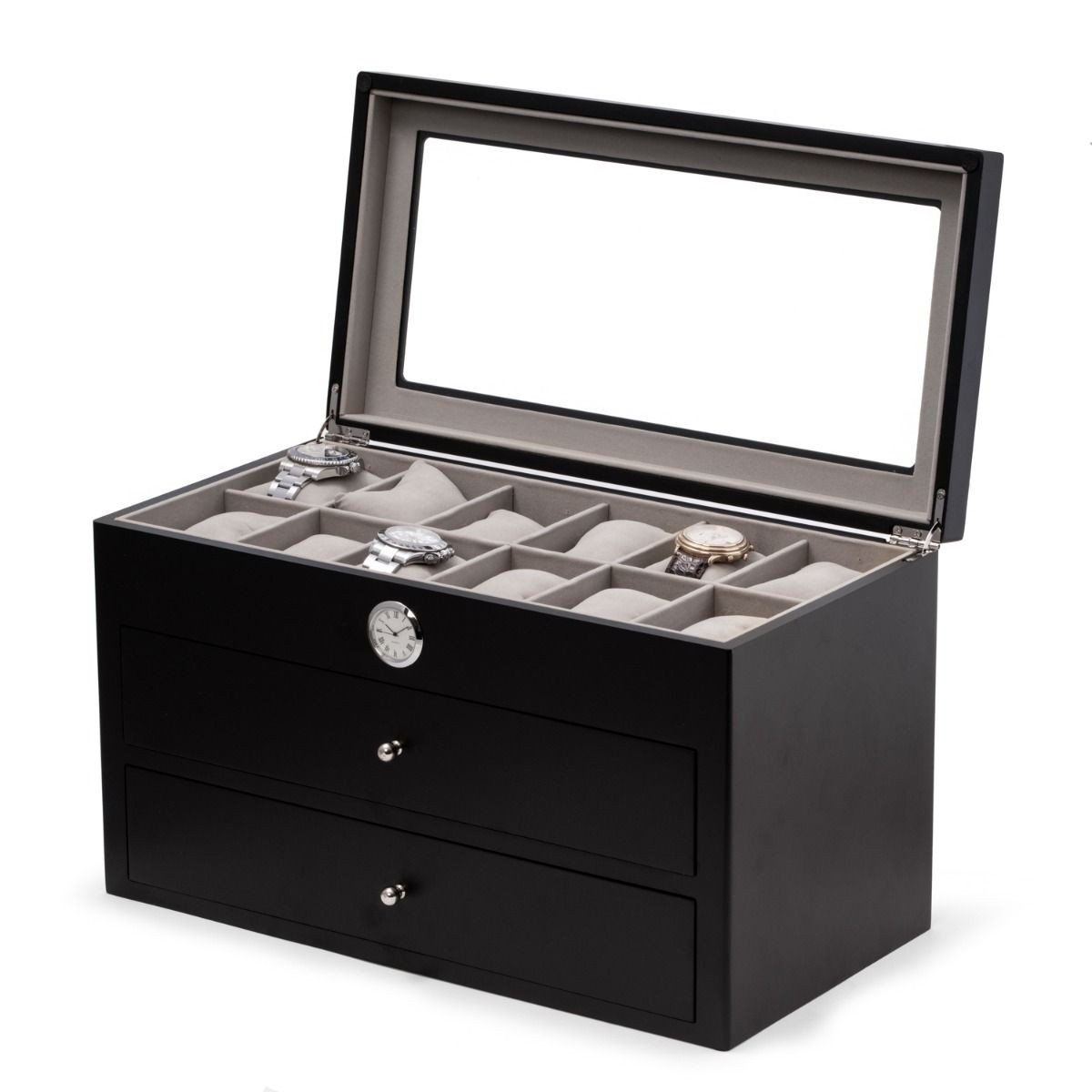 Black Wood 36 Watch Box with Glass Top with Quartz Movement Clock ...