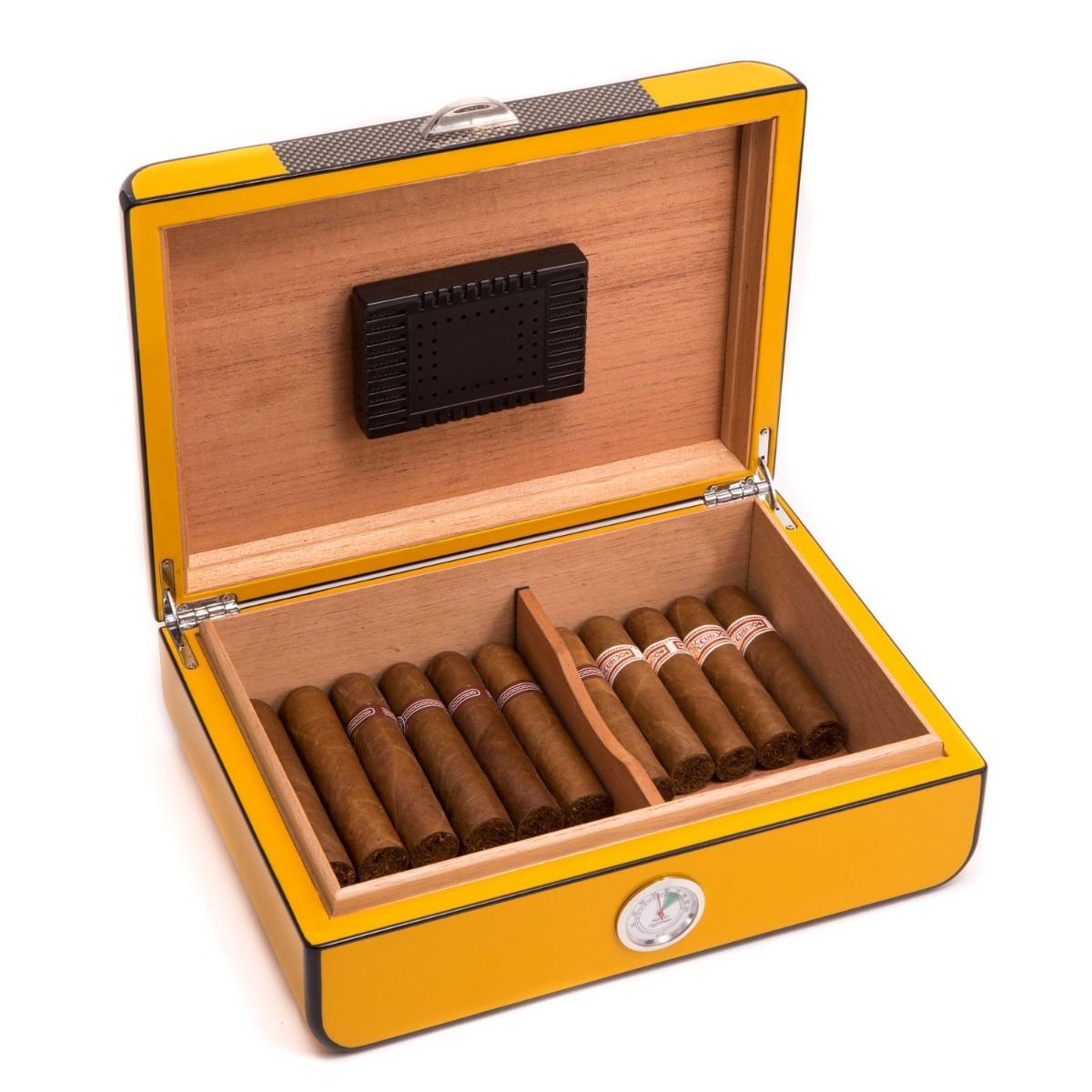 "Carbon Fiber" & Yellow Lacquered Wood 25 Cigar Humidor - ForeverGifts.com