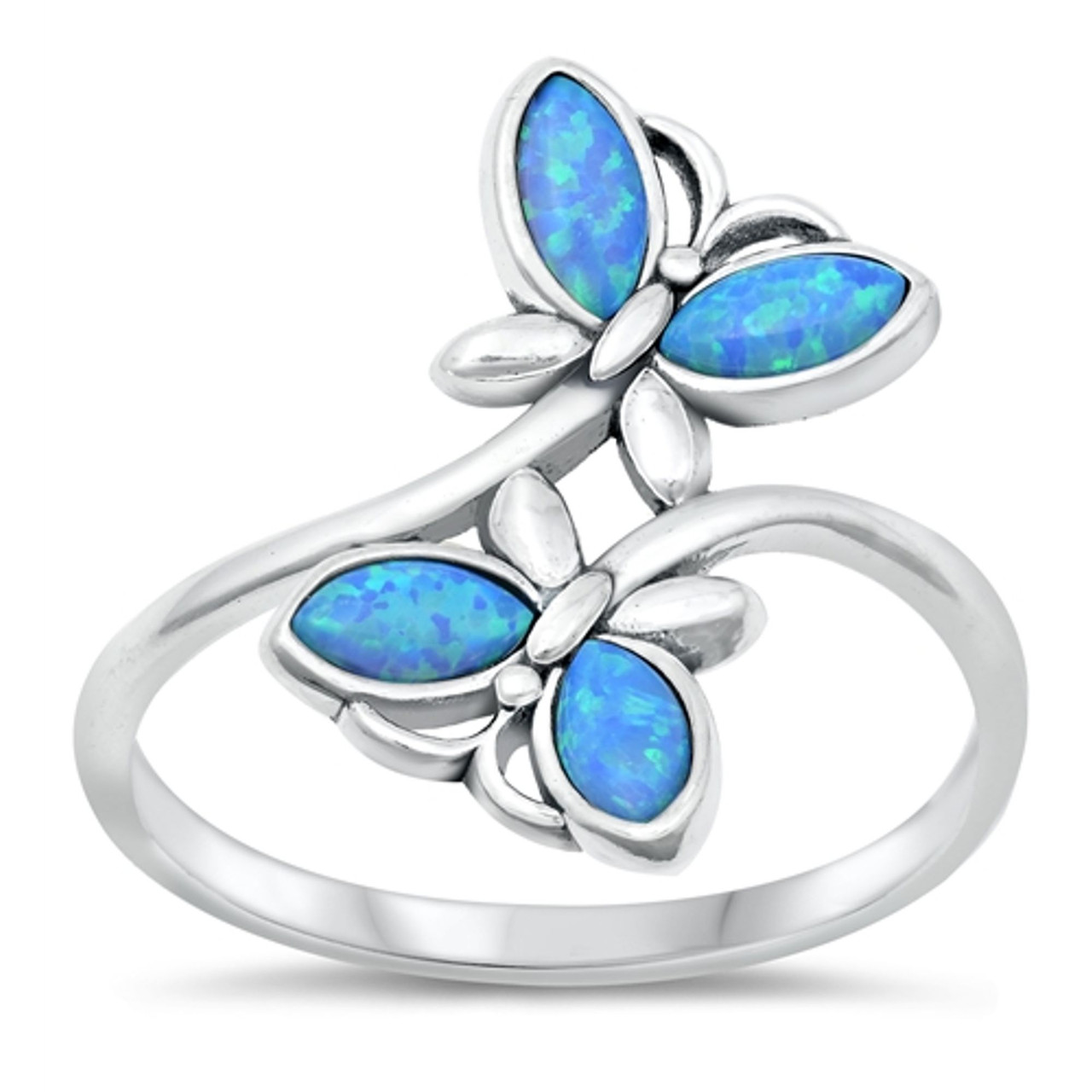Quality 925 Sterling Silver with Blue Lab Opal Butterflies Ring ...