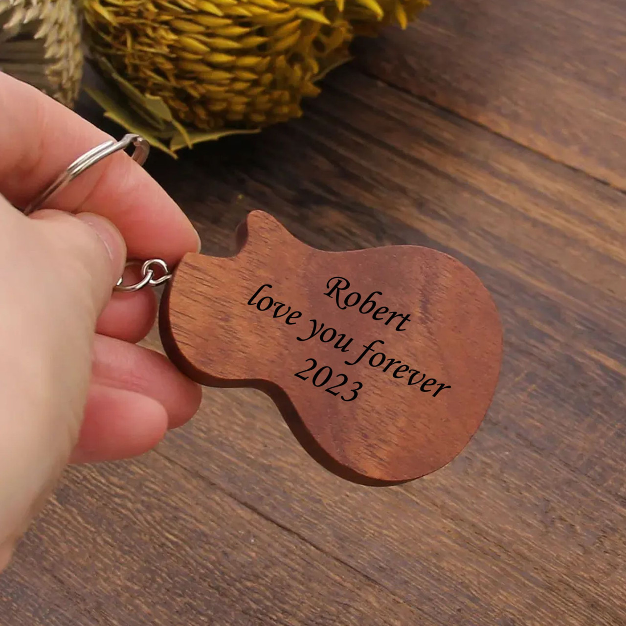 Personalized Wood Guitar keychain with Guitar Pick - ForeverGifts.com