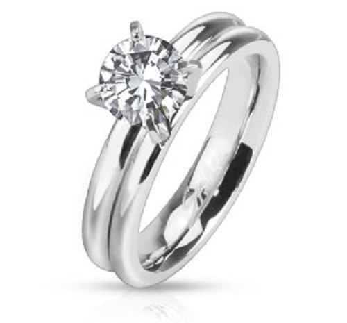 Personalized Stainless Steel CZ Solitaire Grooved Dome Ring ...