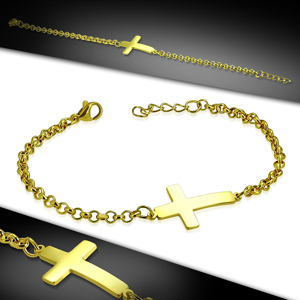 Stainless Steel Gold Color Plated Latin Cross Chain Bracelet
