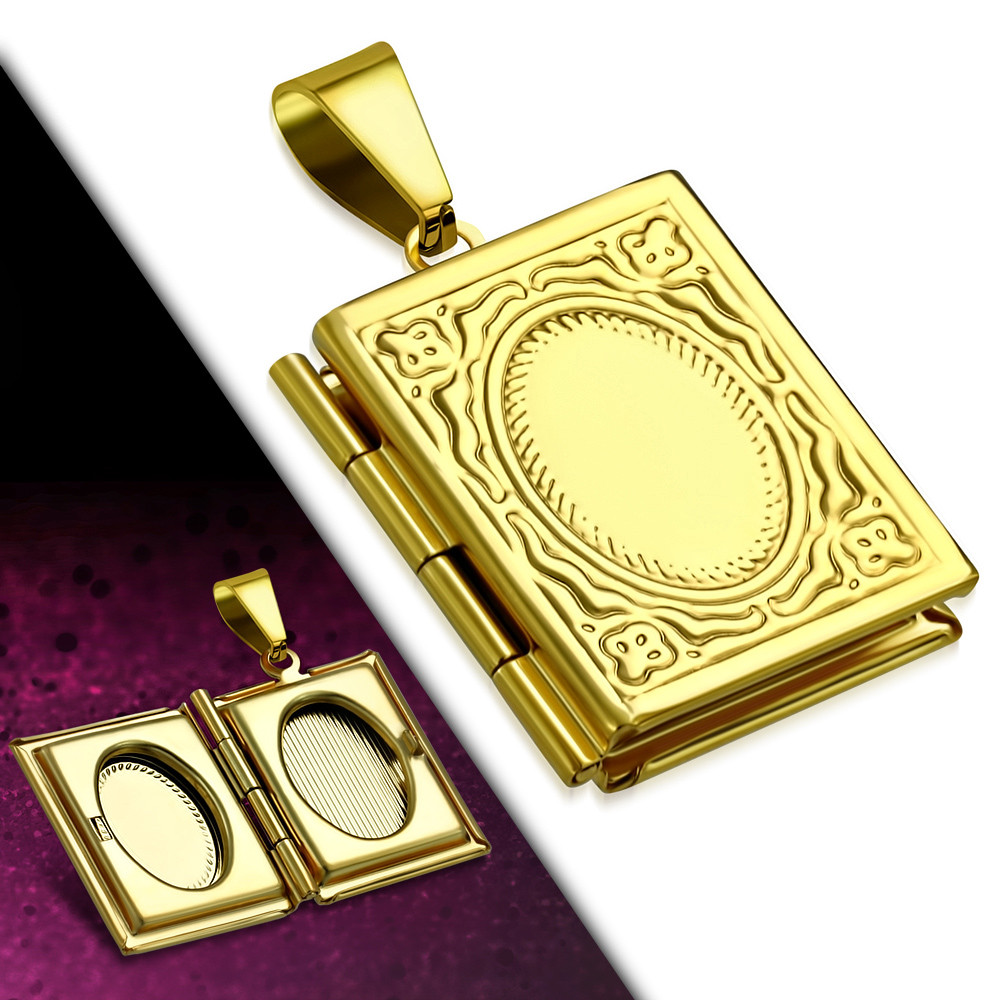 Stainless Steel Gold Color Vintage Book Locket Pendant
