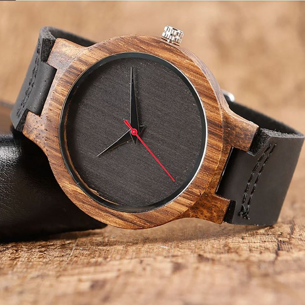Natural Bamboo Wood Watch with Genuine Black Leather