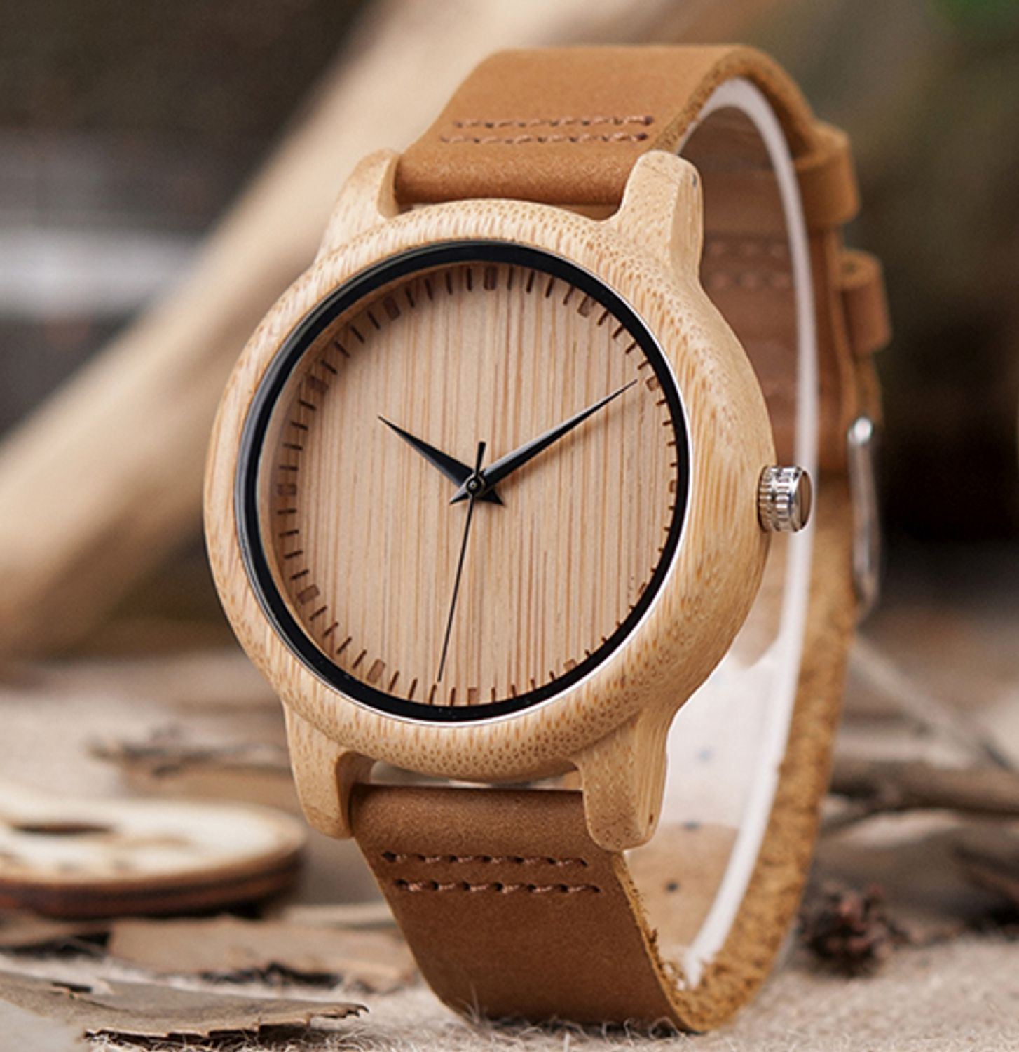 Quality Bamboo Wooden Watch with Genuine Leather