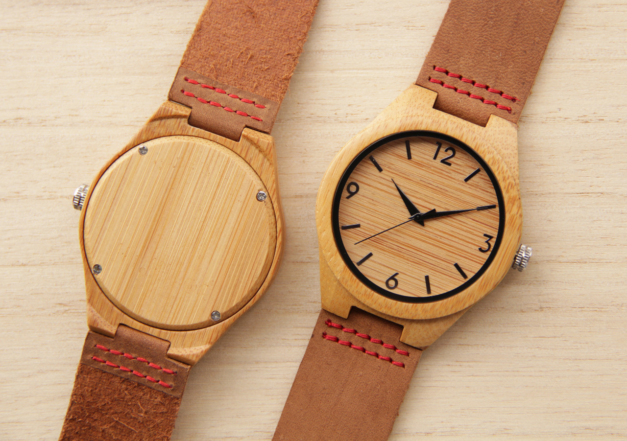 Bamboo Wood Watch with Genuine Brown Leather and Red Stitch ...