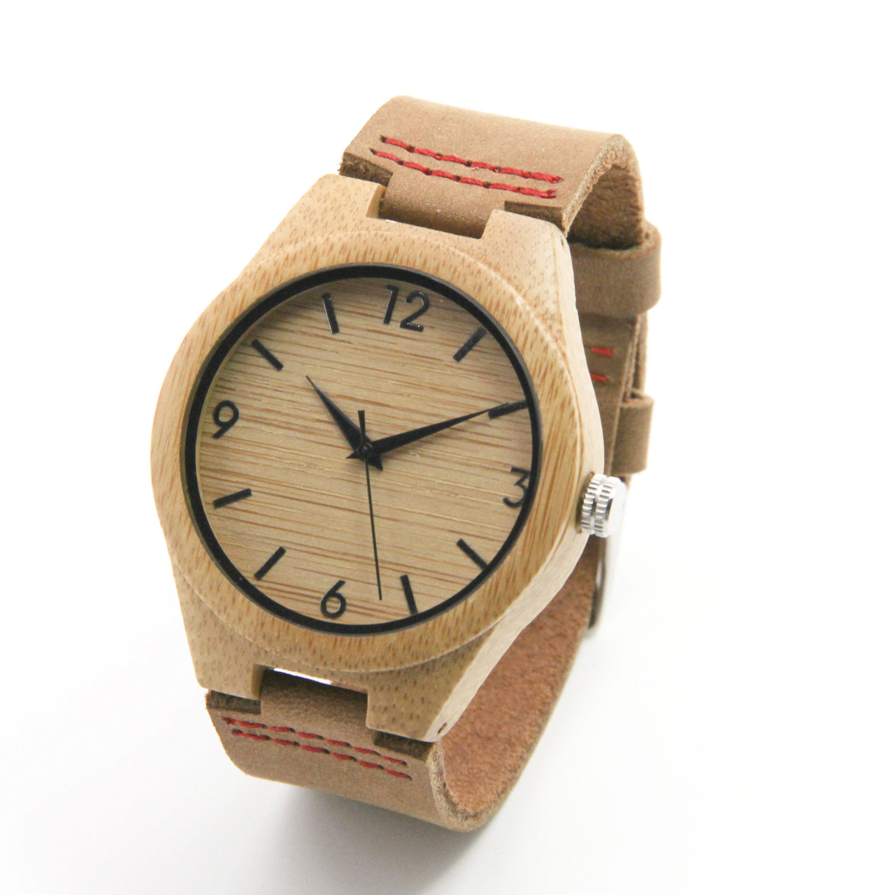 Bamboo Wood Watch with Genuine Brown Leather and Red Stitch ...