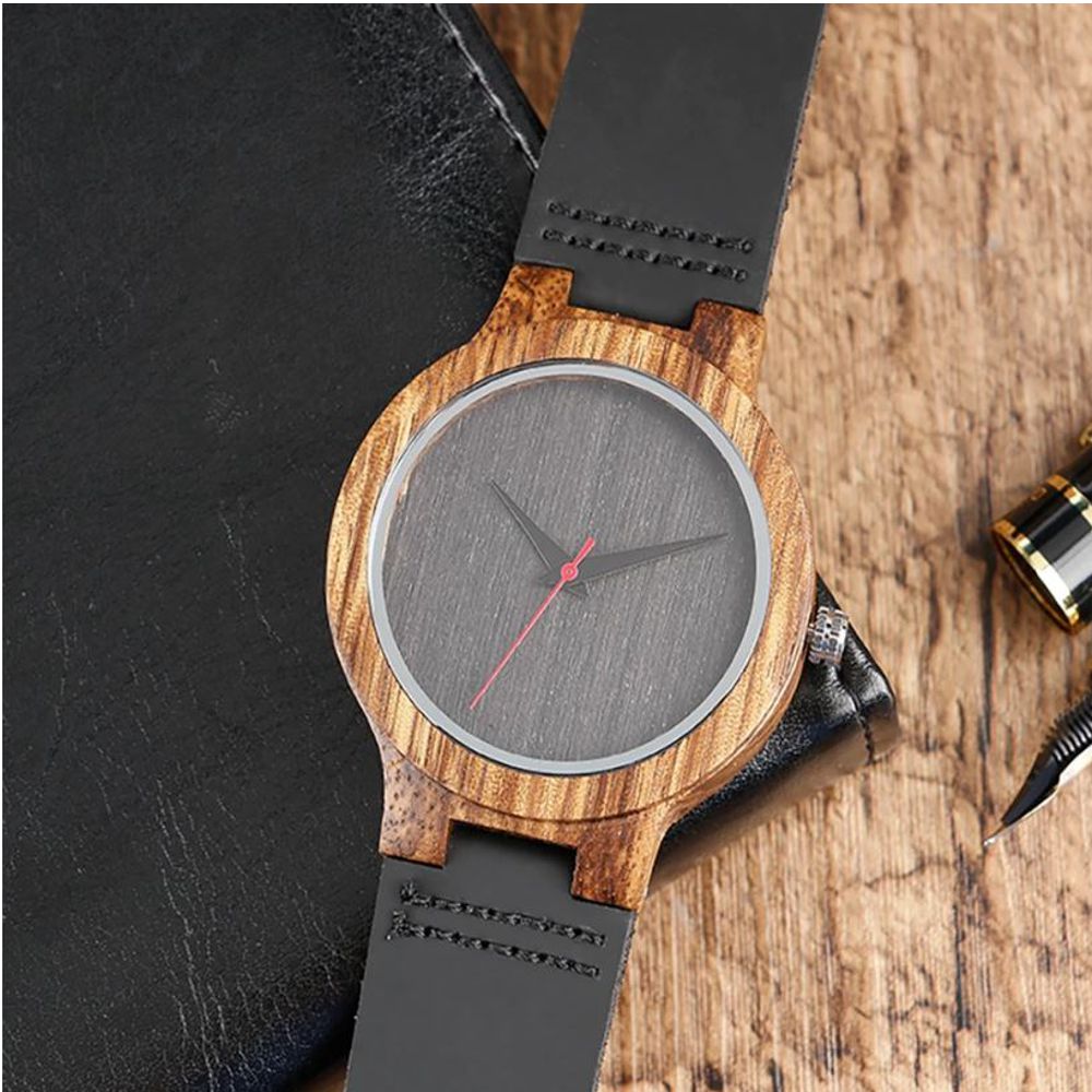 Personalized Natural Bamboo Wood Watch with Genuine Black Leather ...