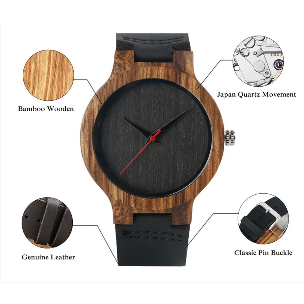 Personalized Natural Bamboo Wood Watch with Genuine Black Leather ...