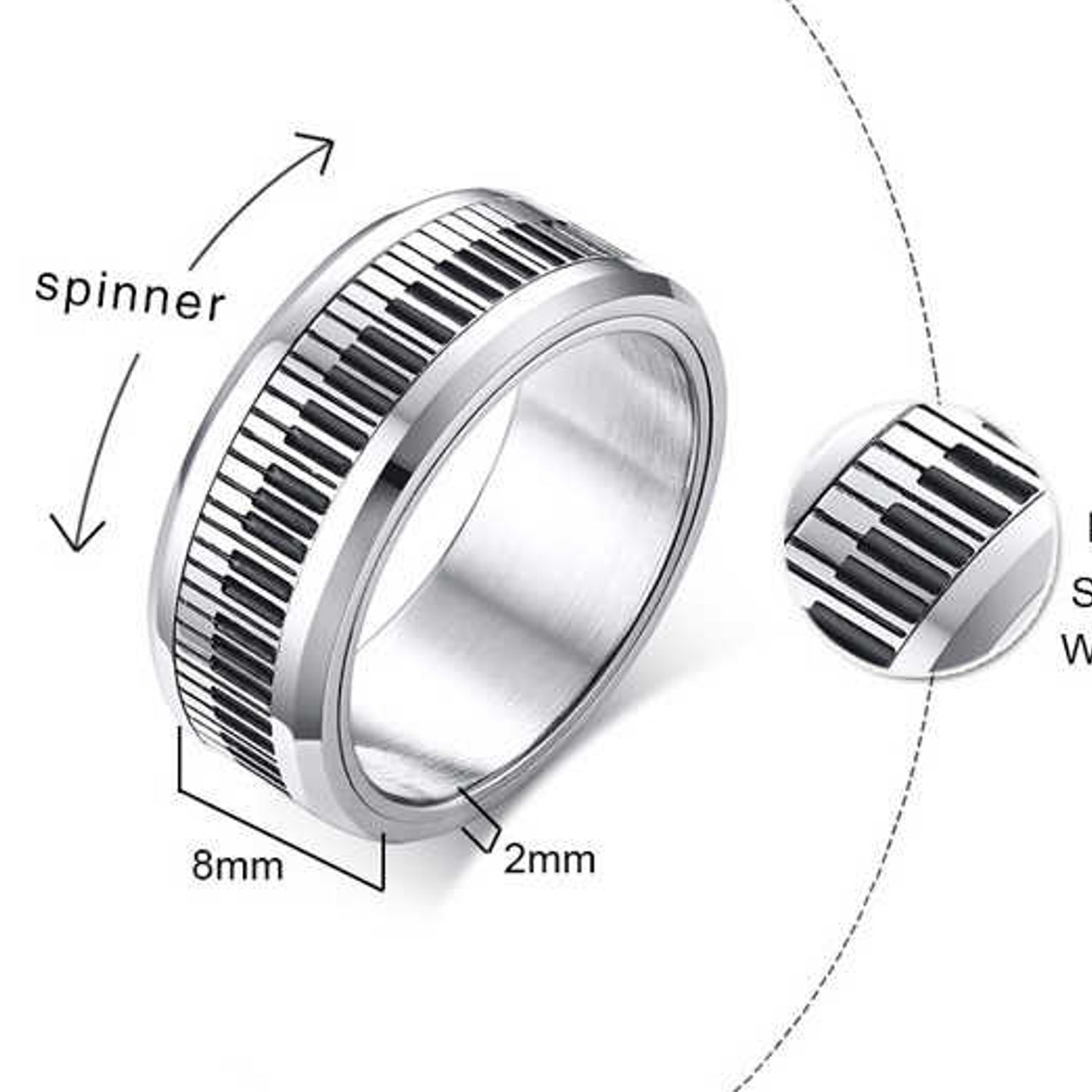 Personalized Stainless Steel Piano Musical Spinner Band Ring ...
