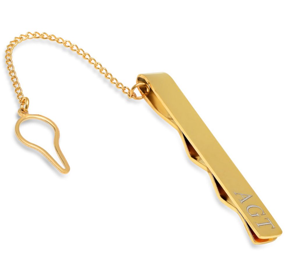 Personalized Engraved Bar Tie Clip with Chain and Engraving