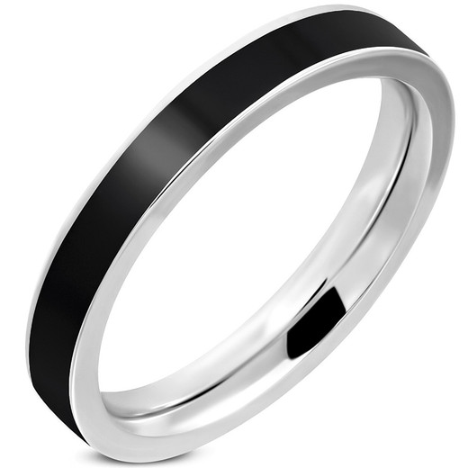 Stainless Steel Black Enameled Comfort Fit Flat Band Ring