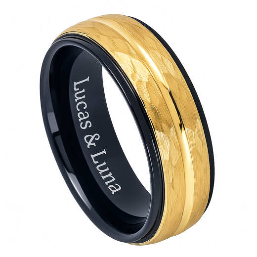 Gold Color Hammered Finish Engraved Tungsten Ring