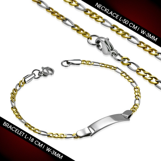 Stainless Steel Figaro Chain Set - 2-Tone Bracelet Included