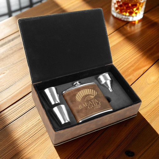 Shop Personalized Rustic/Gold Leather Flask Set Gift Online