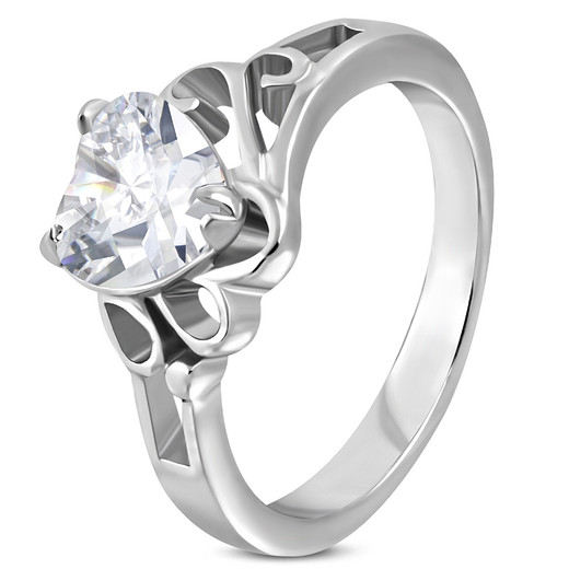 Stainless Steel Prong-Set Love Heart Ring With Clear CZ