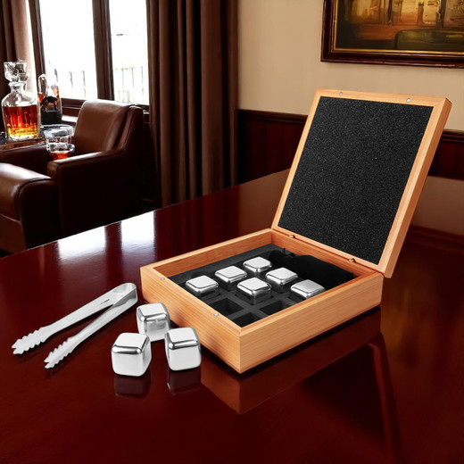 Personalized Stainless Steel Whiskey Stone Set in Bamboo Case